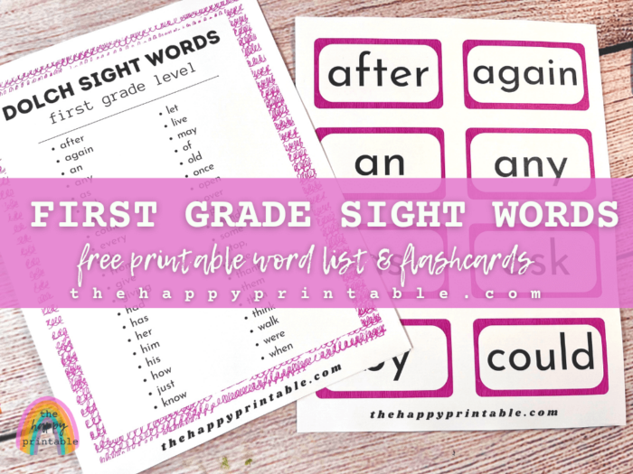 First Grade Dolch Sight Word Flashcards | The Happy Printable