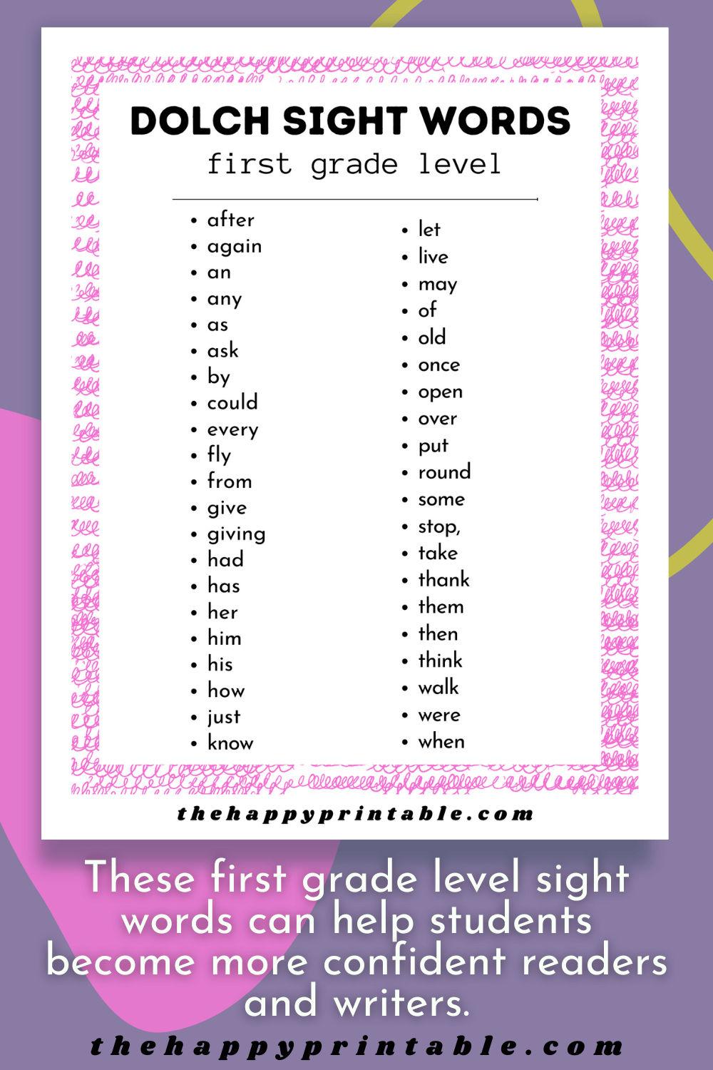 First Grade Dolch Sight Word Flashcards | The Happy Printable