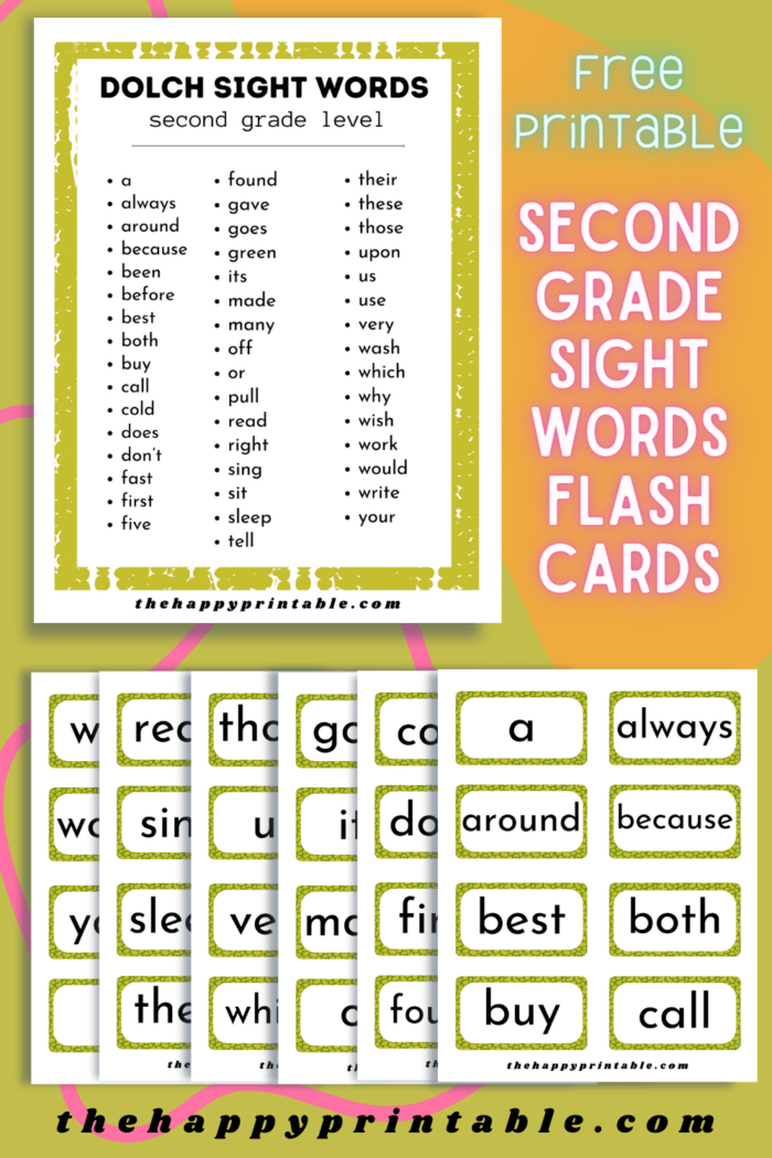 Second Grade Dolch Sight Word Flashcards | The Happy Printable